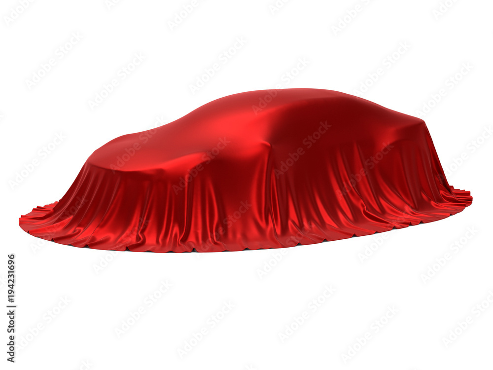 New car presentation, model reveal, hidden under red cover, isolated on ...