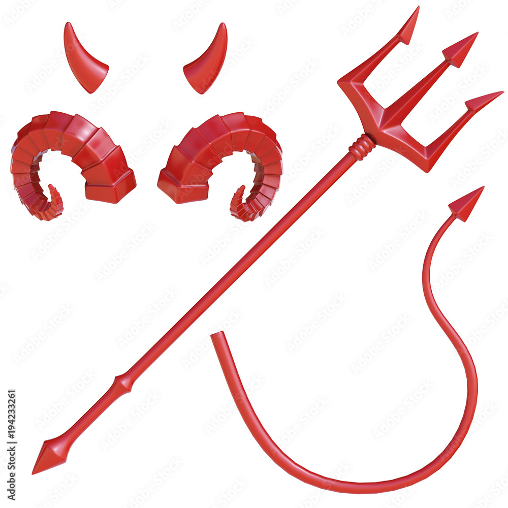 Devil's trident, tail and horns design elements, devil costume 3d ...
