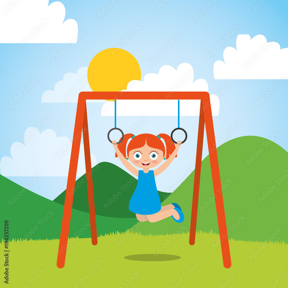 young girl playing with bar rings in the park and sunny day vector ...