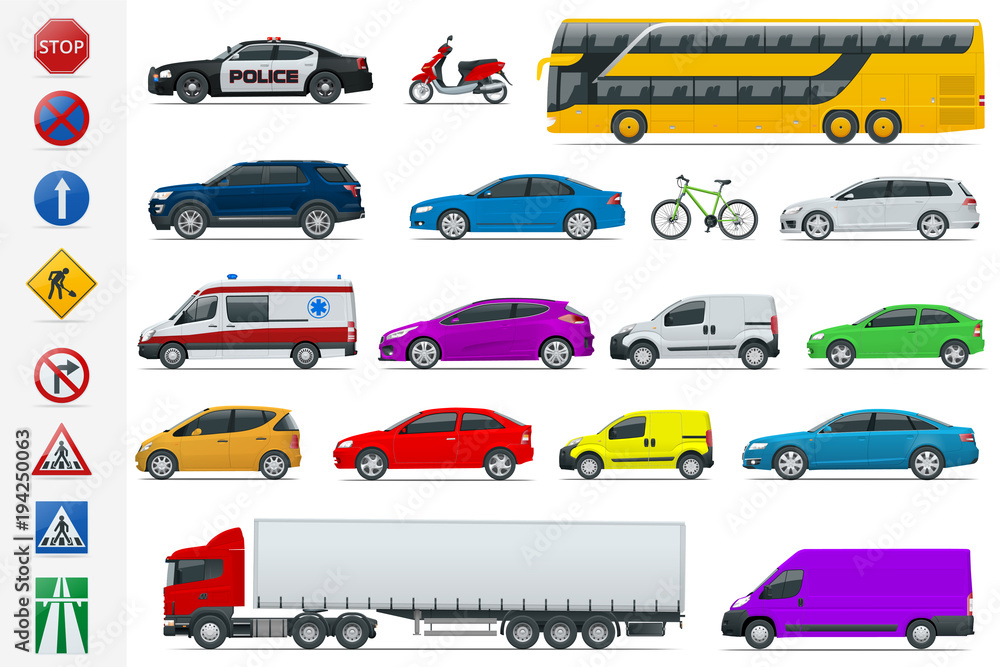 Flat high-quality city transport cars and road signs icon set. Side ...