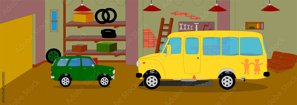 Vector illustration. The animated background of the garage, in the ...