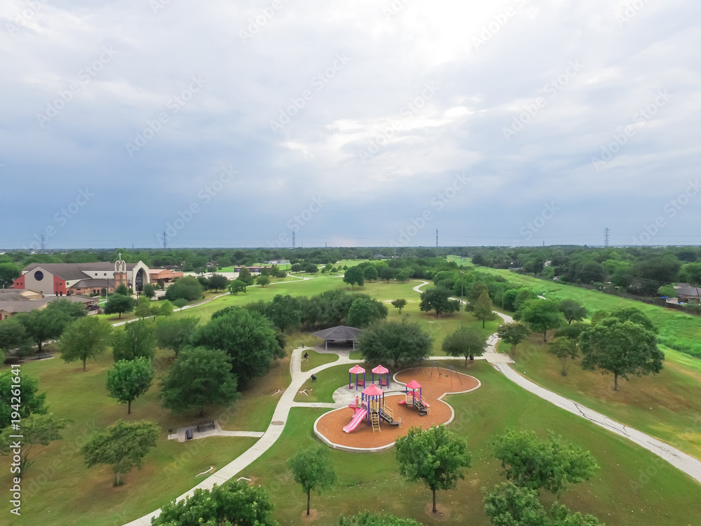 Aerial urban park with playground and asphalt trails in Houston, Texas ...
