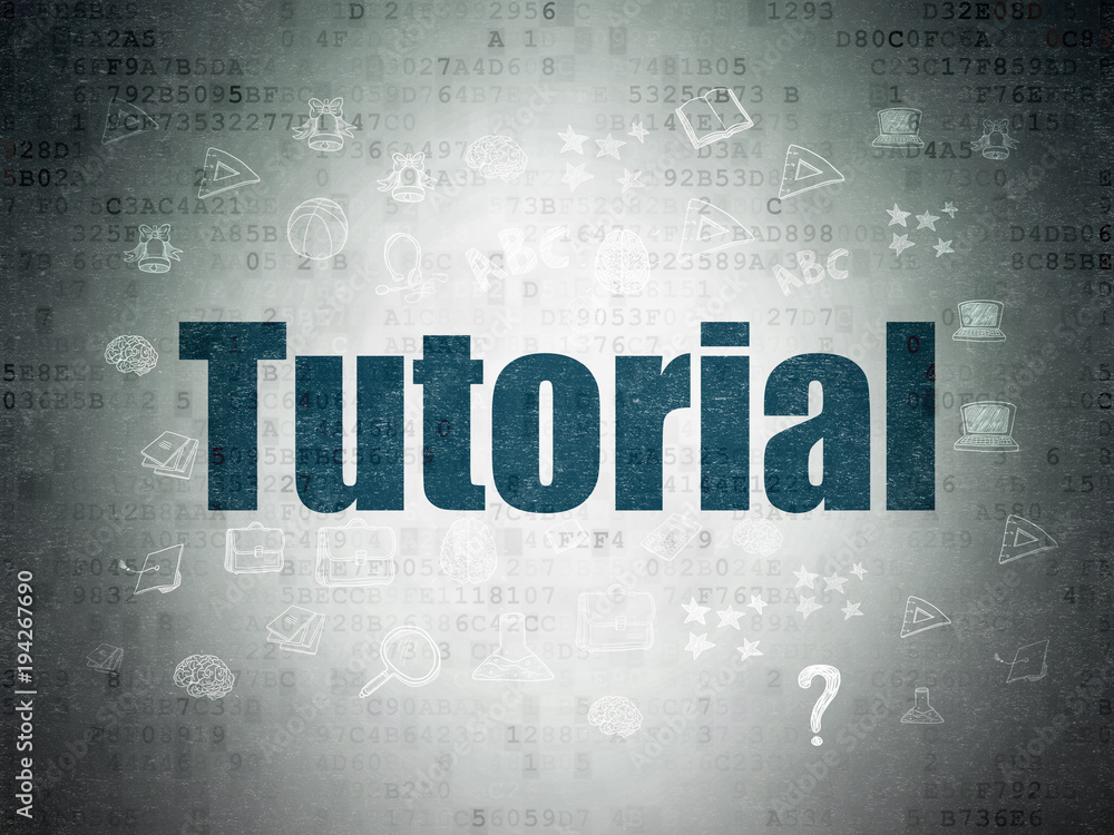 Studying concept: Painted blue text Tutorial on Digital Data Paper background with Hand Drawn ...
