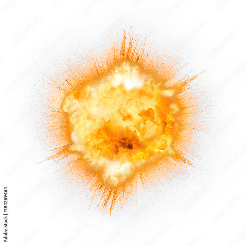 Realistic fiery explosion with sparks over a white background Stock ...