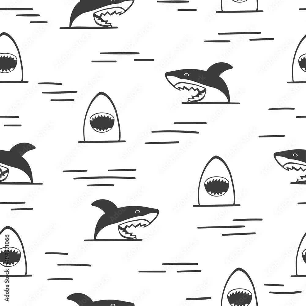 Seamless sharks pattern. Shark attack, black and white vector ...