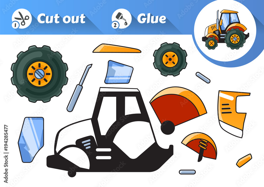 Cut and Glue is an educational game for kids. Yellow Tractor Side View ...