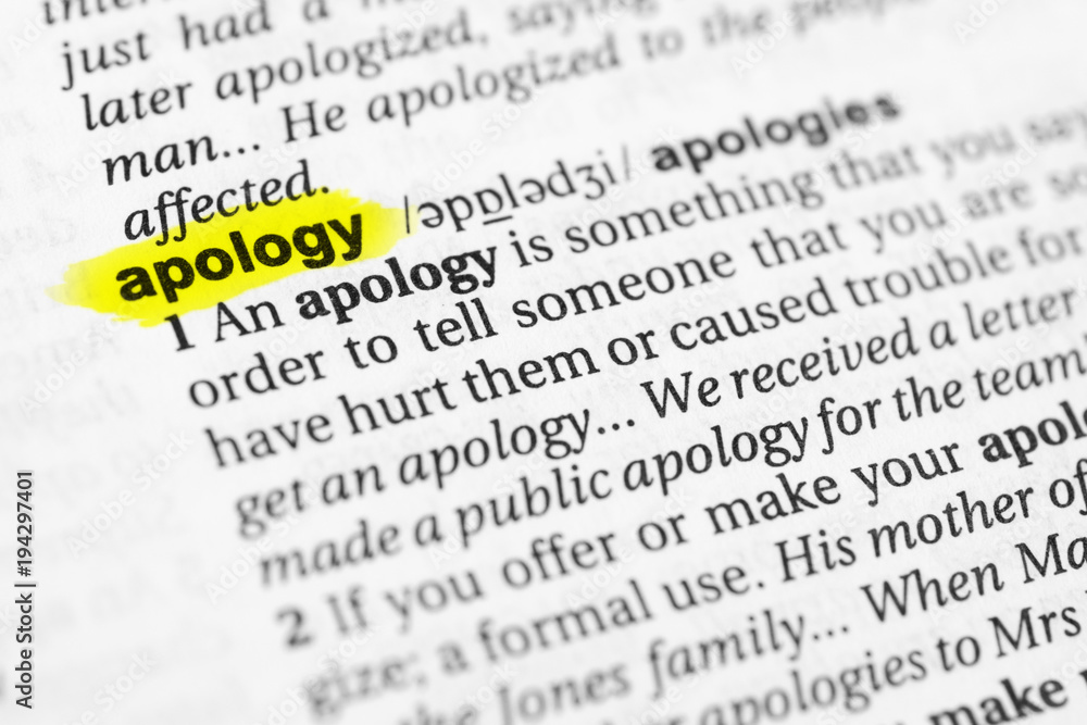 Highlighted English word "apology" and its definition in the dictionary ...