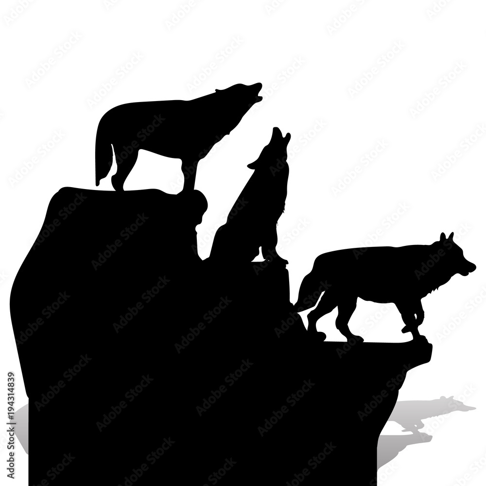Silhouette of three black wolves howling, on top of a cliff, cartoon on ...