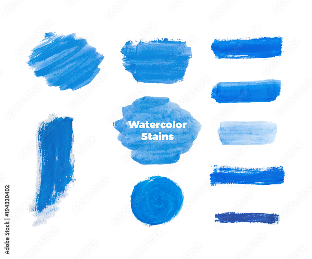 Set of blue stain, hand paint, round shapes, stripes, ink brush strokes ...
