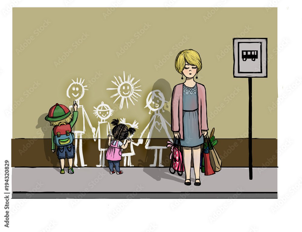 Kids drawing happy family on wall with chalk, cartoon broken family ...