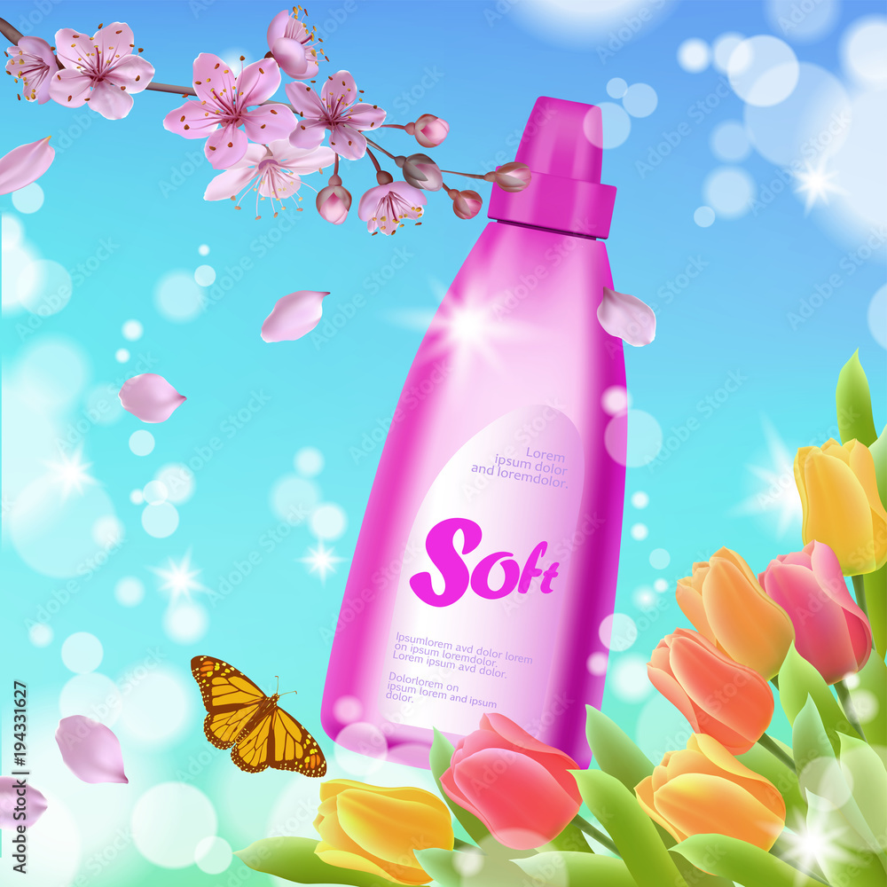 Realistic fabric softener spring landscape green grass blue sky light ...