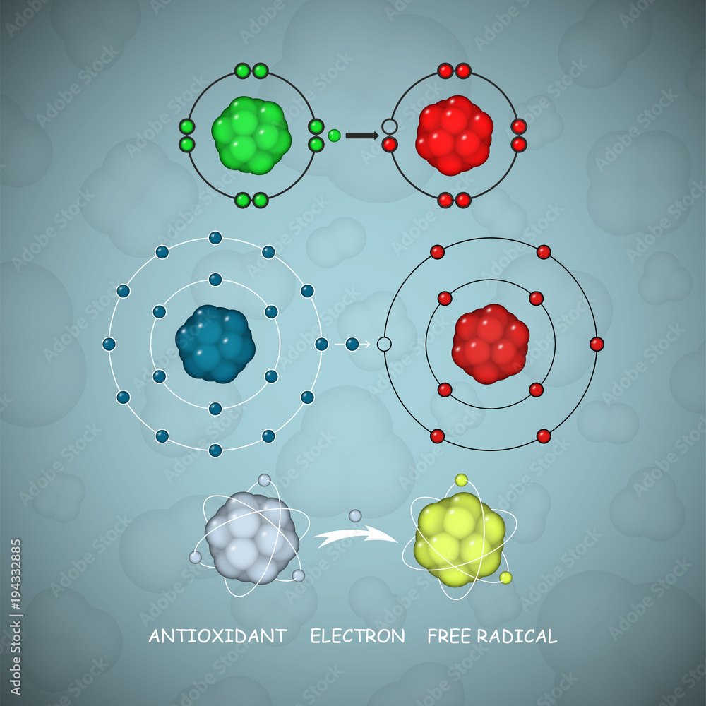 Antioxidant and free radical molecules or atoms vector set an ...