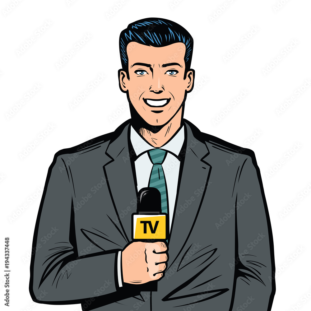 TV presenter with microphone in hand. Breaking news, broadcast concept ...