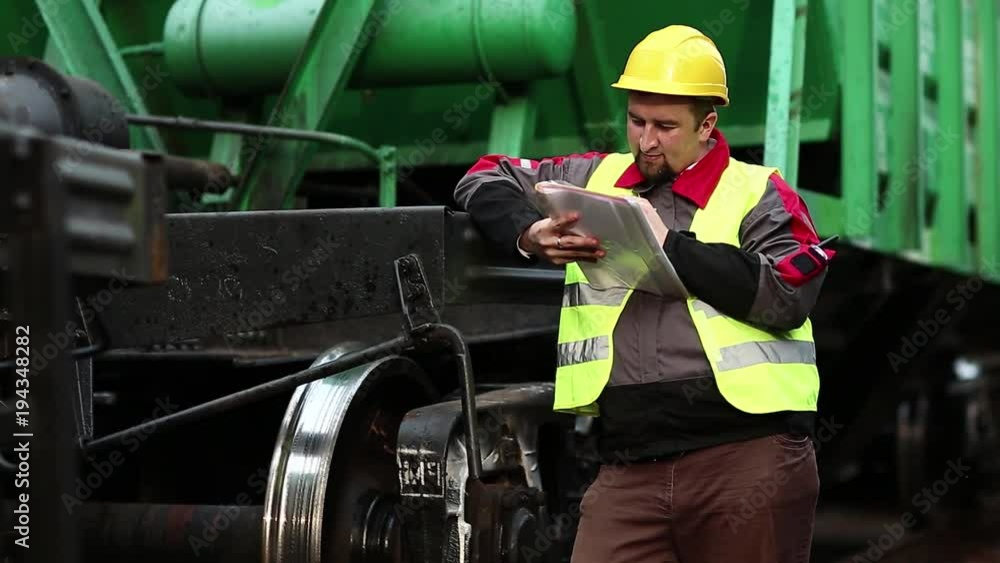 Railway worker with works documents. Railroadman in hard hat with work ...
