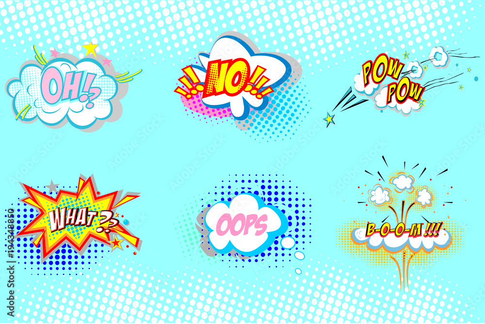 Collection of nine multicolored comic sound Effects. Onomatopoeic ...