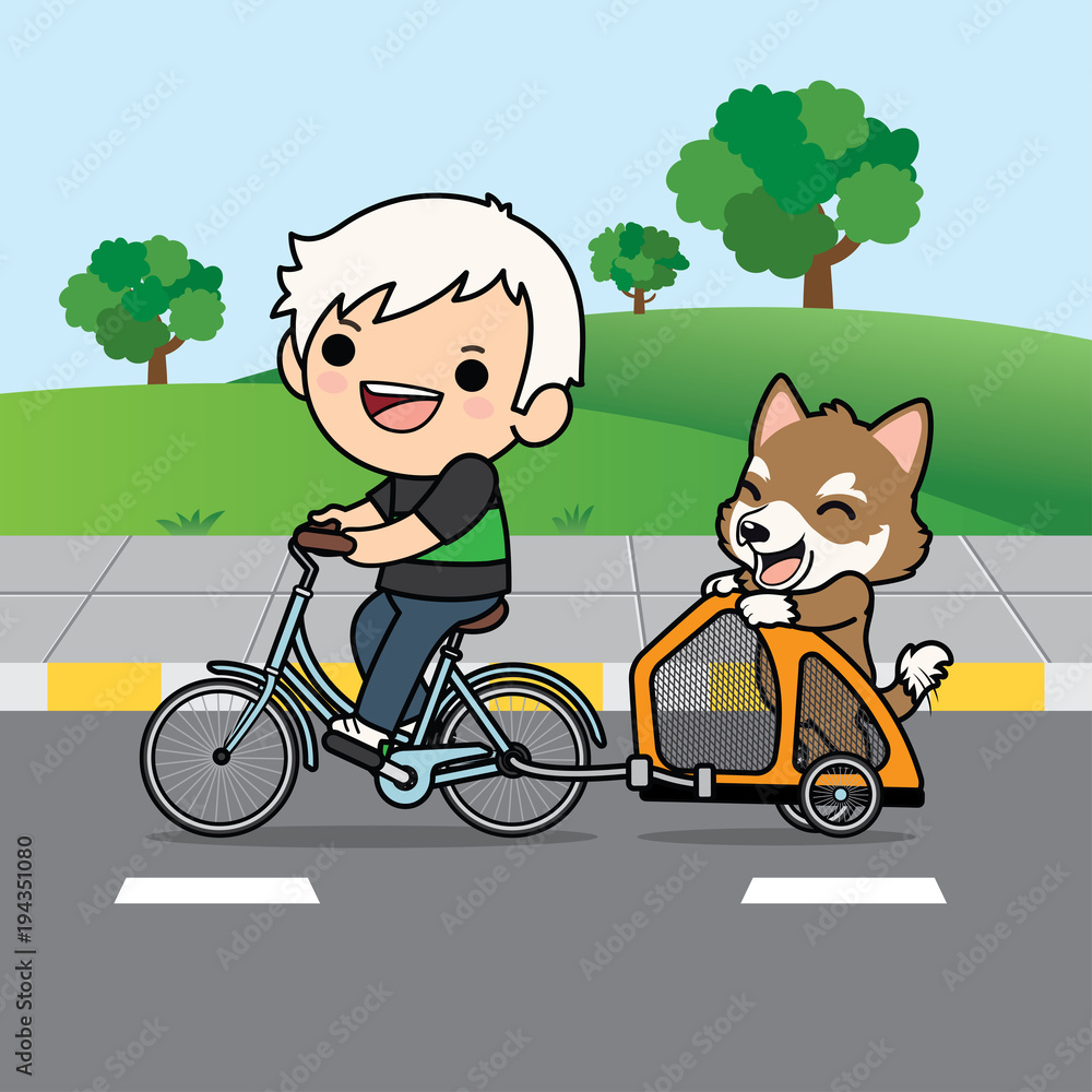 Cute cartoon character design Siberian Husky dog in Dog cart with a boy ...