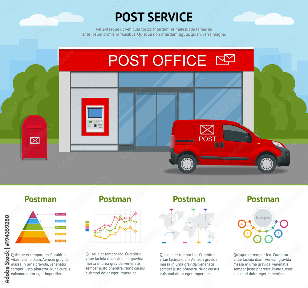 Post office service with postman riding car for delivery and ...