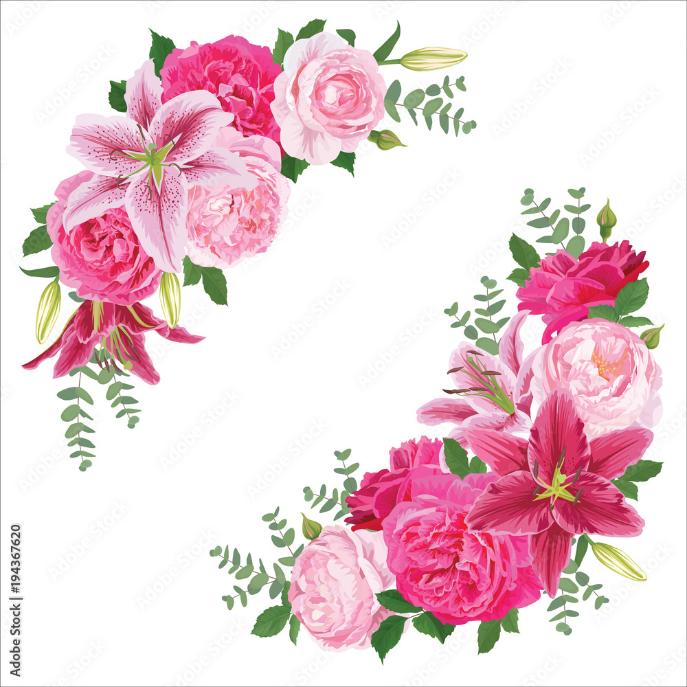 Floral frame with pink rose flowers and lily on white background ...