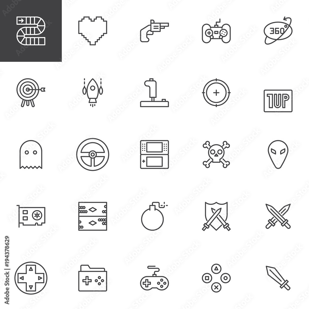 Video game elements outline icons set. linear style symbols collection ...