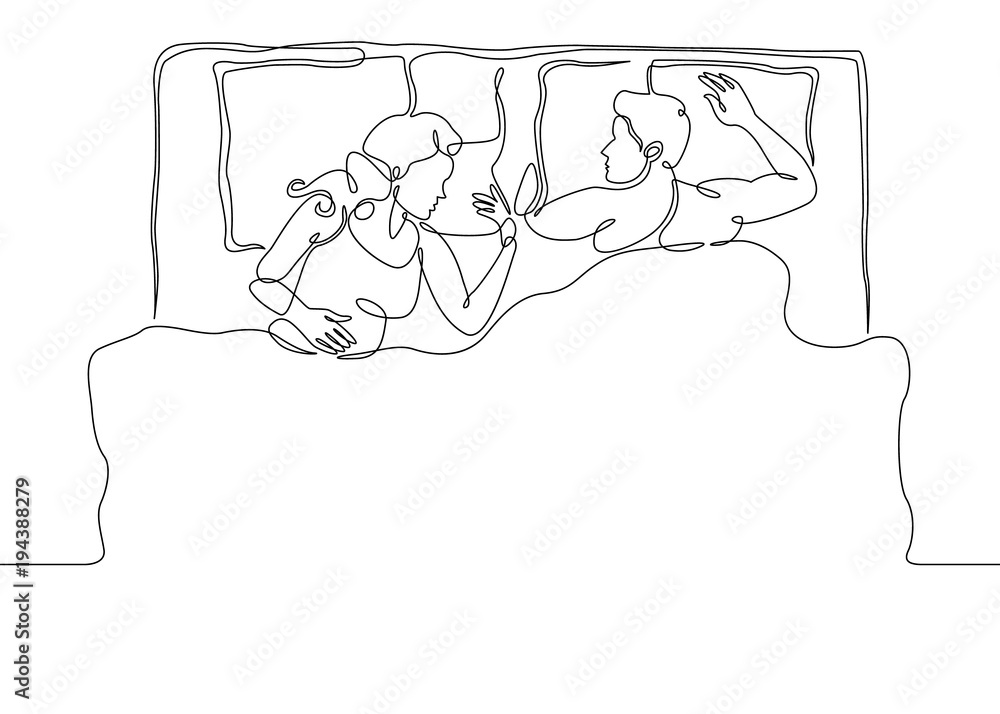 Continuous line drawing. Beautiful couple in sleeping pose on pillows ...