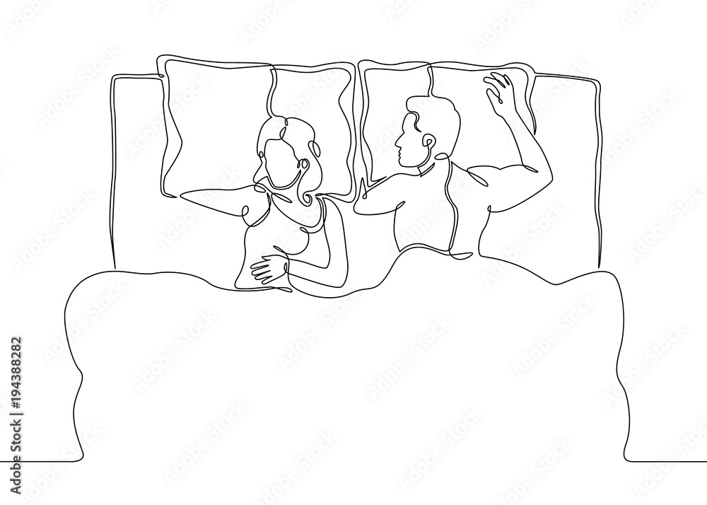 Continuous line drawing. Beautiful couple in sleeping pose on pillows ...