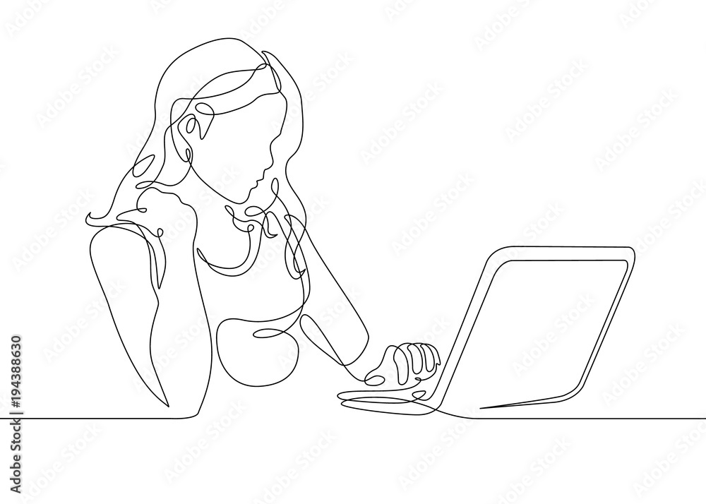 continuous line drawing girl sits at a laptop Stock Vector | Adobe Stock