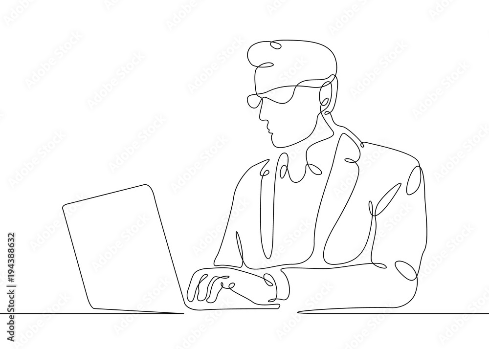 continuous line drawing man sitting at a laptop Stock Vector | Adobe Stock