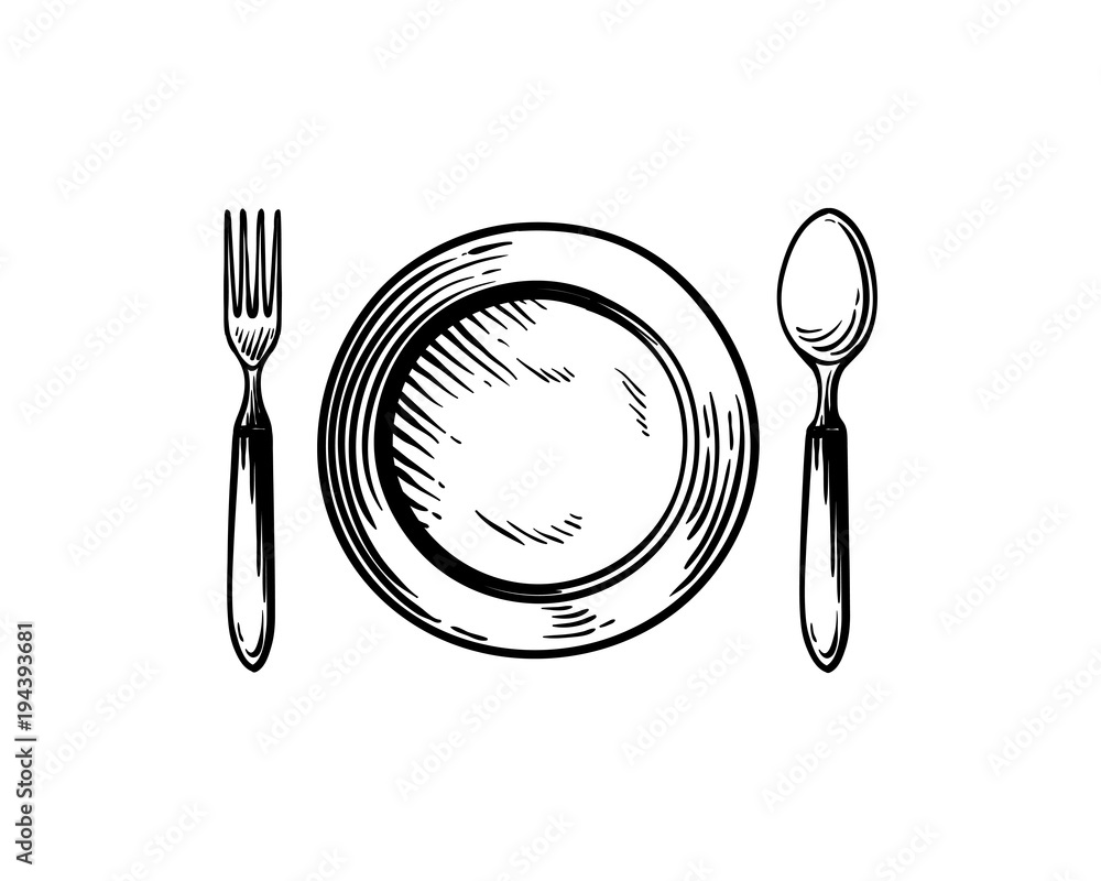 Plate with Spoon and Fork Hand Drawing Symbol Restaurant Logo Vector ...