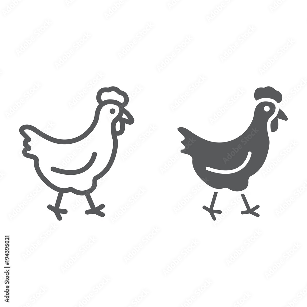 Chicken line and glyph icon, farming and agriculture, animal bird ...