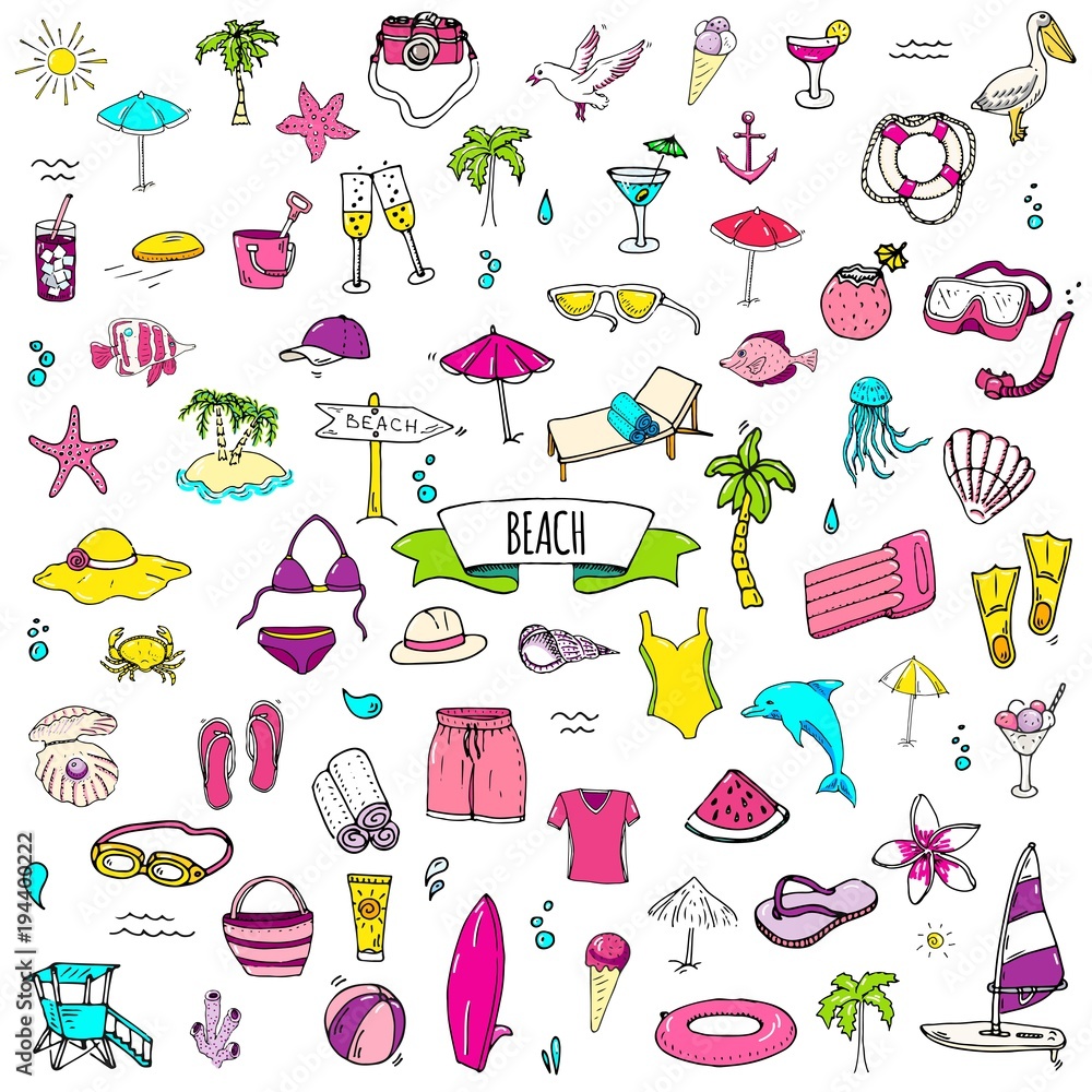 Hand drawn doodle Beach set icons Vector illustration Sketchy summer vacation elements ...