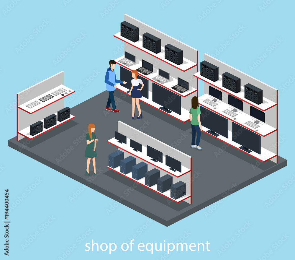 Isometric 3D vector illustration computer store and hardware store ...