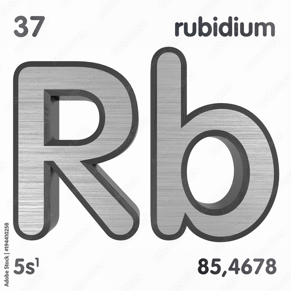 Rubidium (Rb). Chemical element sign of periodic table of elements. 3D rendering. Stock ...