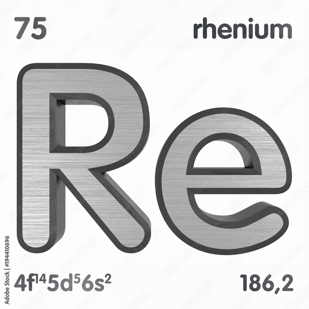 Rhenium (Re). Chemical element sign of periodic table of elements. 3D rendering. Stock ...