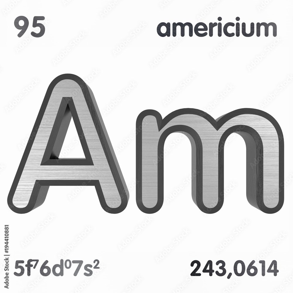 Americium (Am). Chemical element sign of periodic table of elements. 3D ...