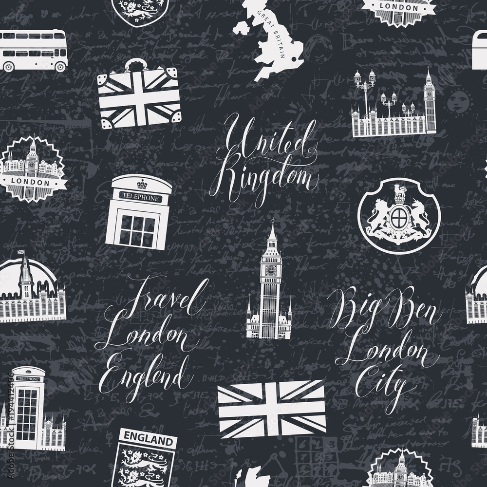 Vector seamless pattern on UK and London theme with inscriptions ...