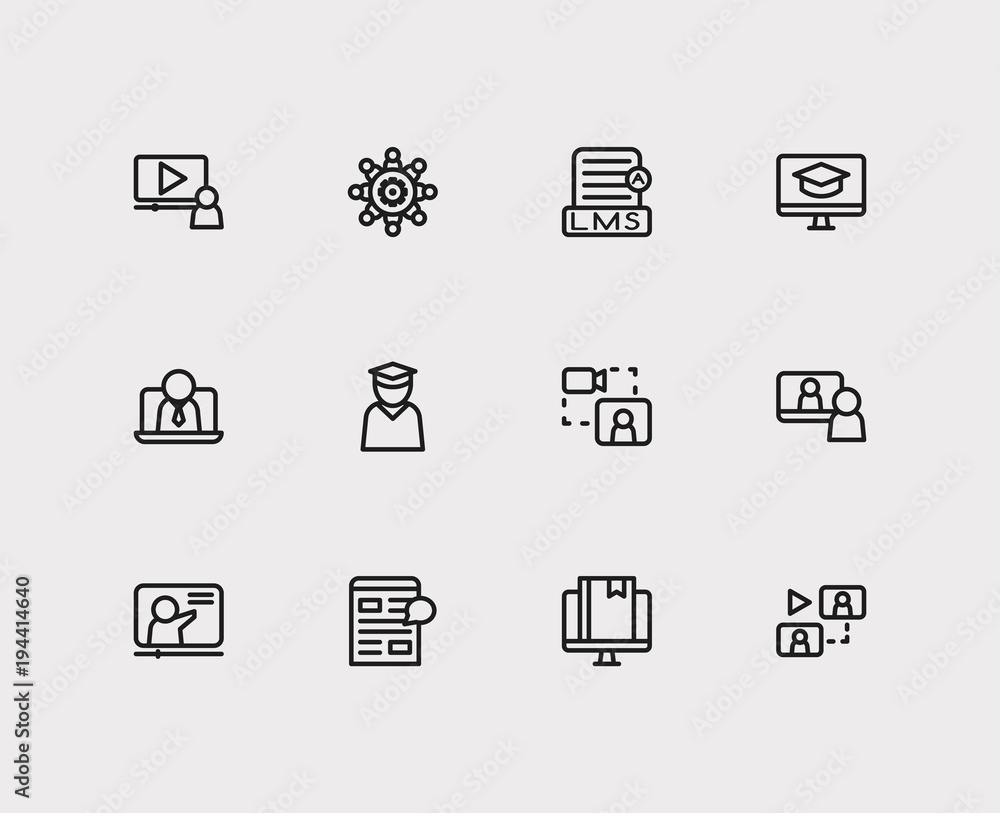 Online education icons set with video webinar, learning management ...