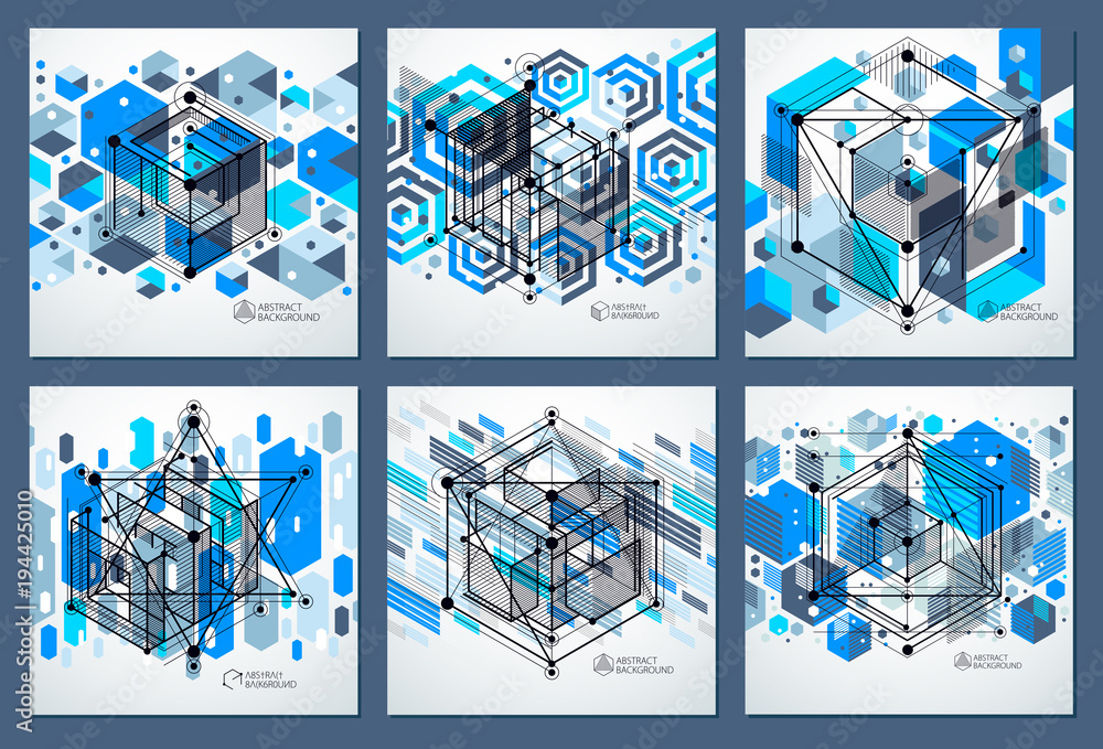 Technical blueprints set, vector blue digital background with geometric ...