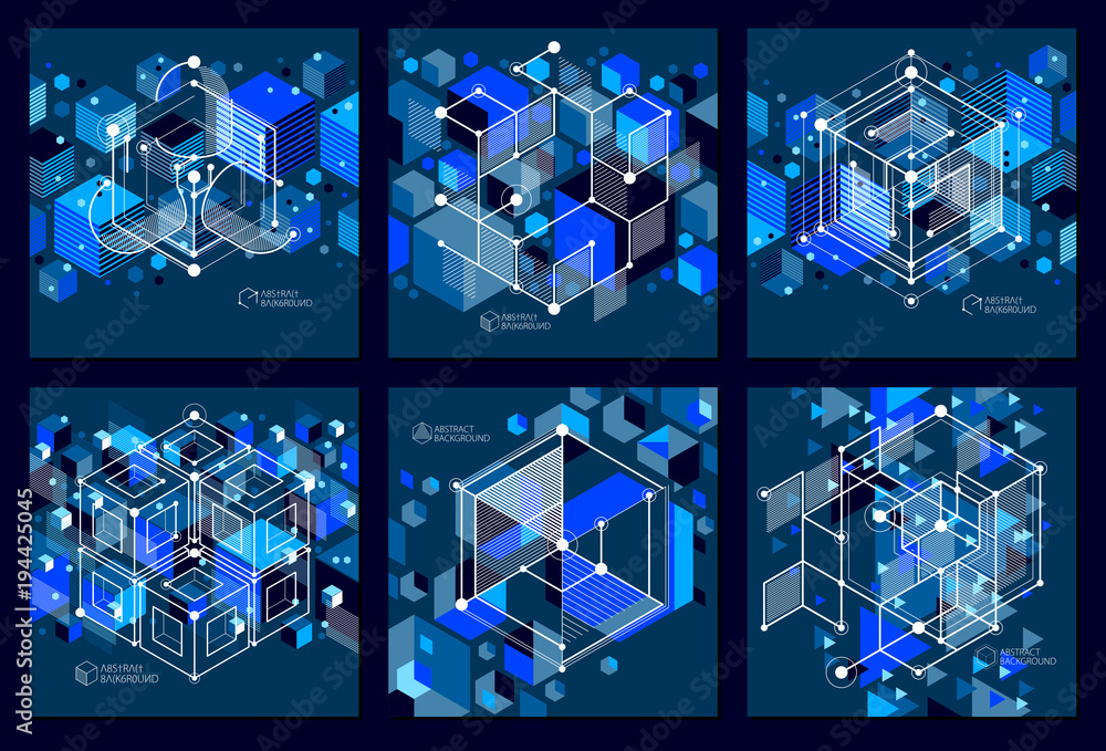 Vector abstract blue black backgrounds set created in isometric mesh ...