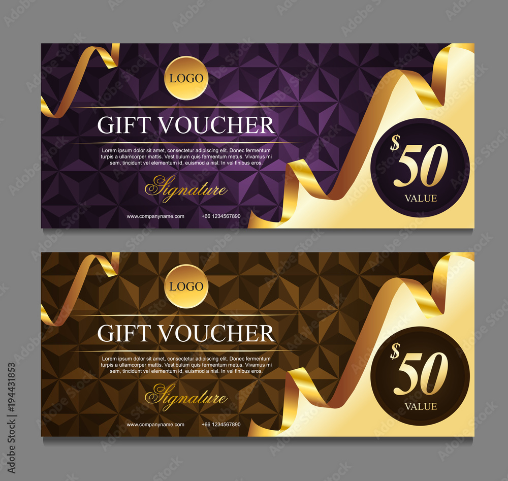 Voucher template with gold certificate. Background design coupon ...