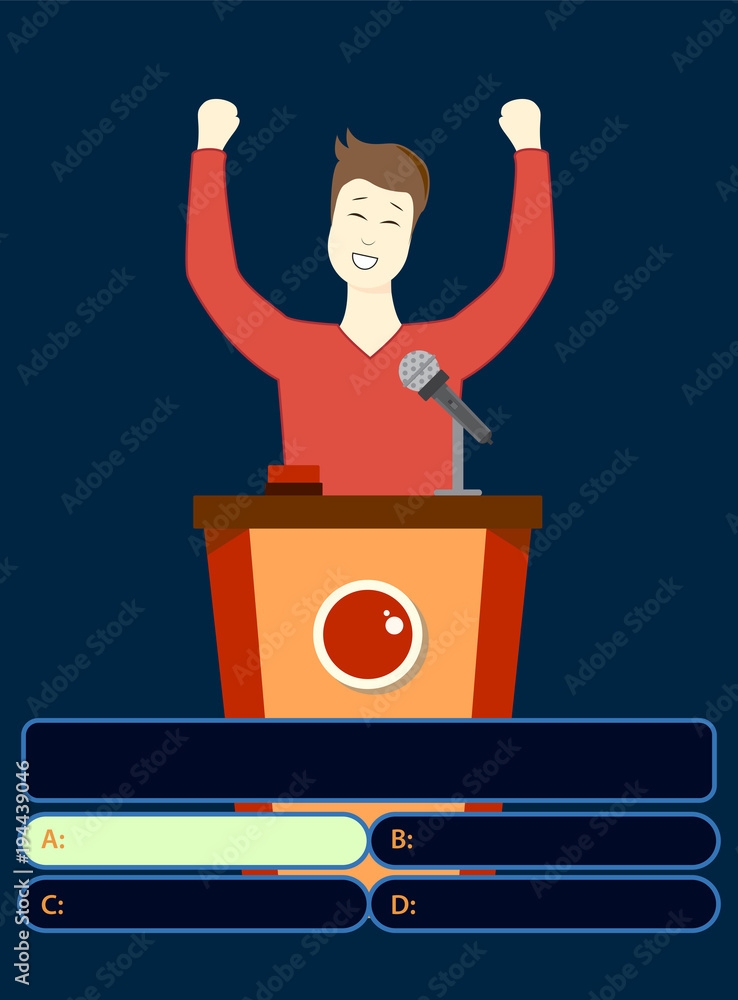 Winner. Happy man. Quiz game with answers . Colorful flat cartoon ...