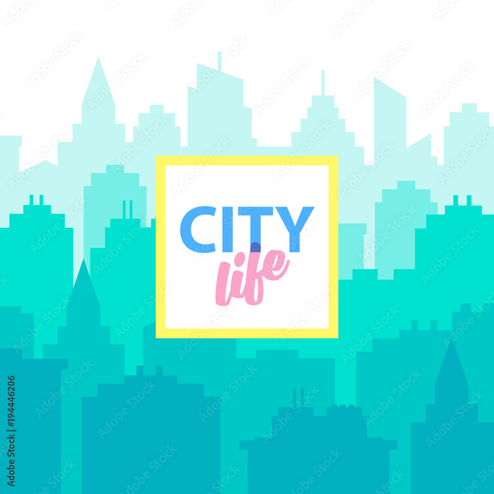 City life background. Poster template with Urban landscape. Blue pastel ...