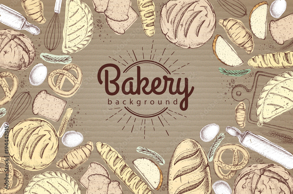 Bakery background. Top view of bakery products on cardboard background ...