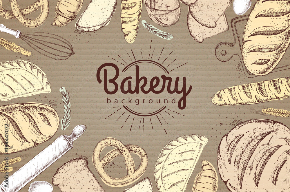Bakery background. Top view of bakery products on cardboard background ...