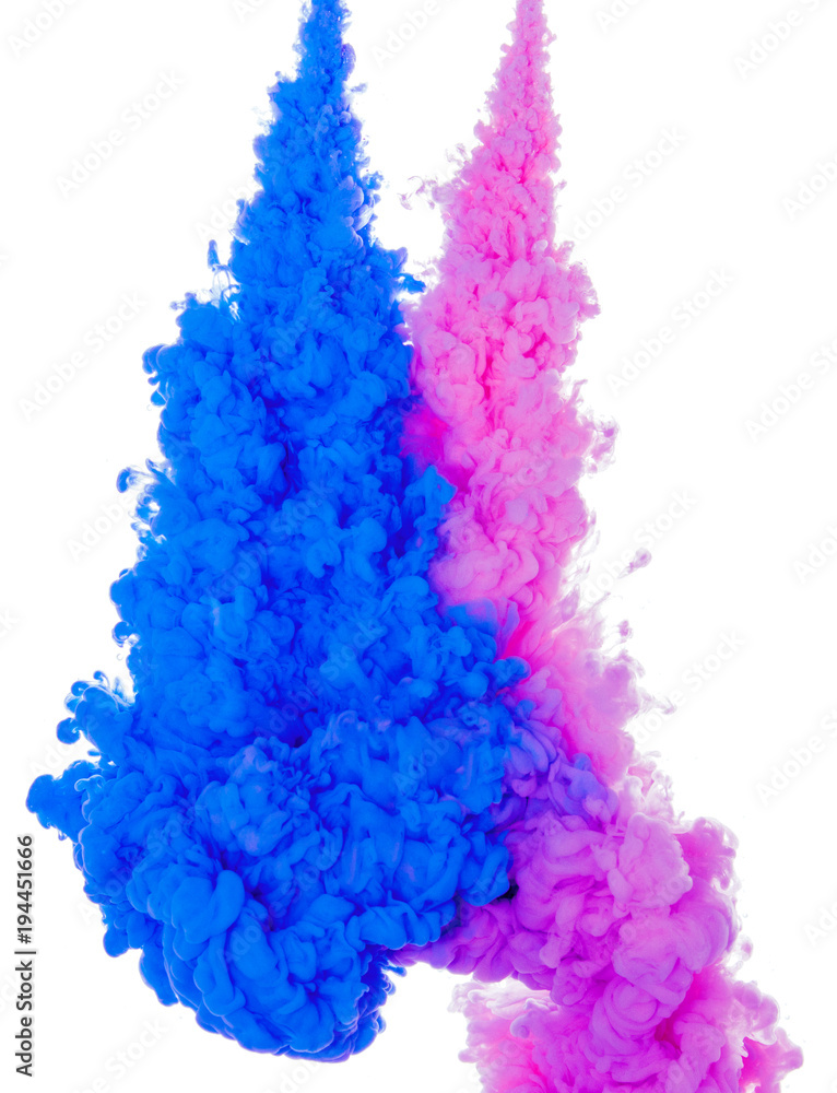 Abstract paint background color of blue and pink ink splash in the ...