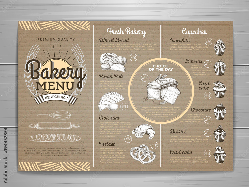 Vintage bakery menu design on cardboard background. Restaurant menu ...