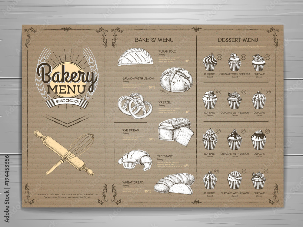 Vintage bakery menu design on cardboard background. Restaurant menu ...