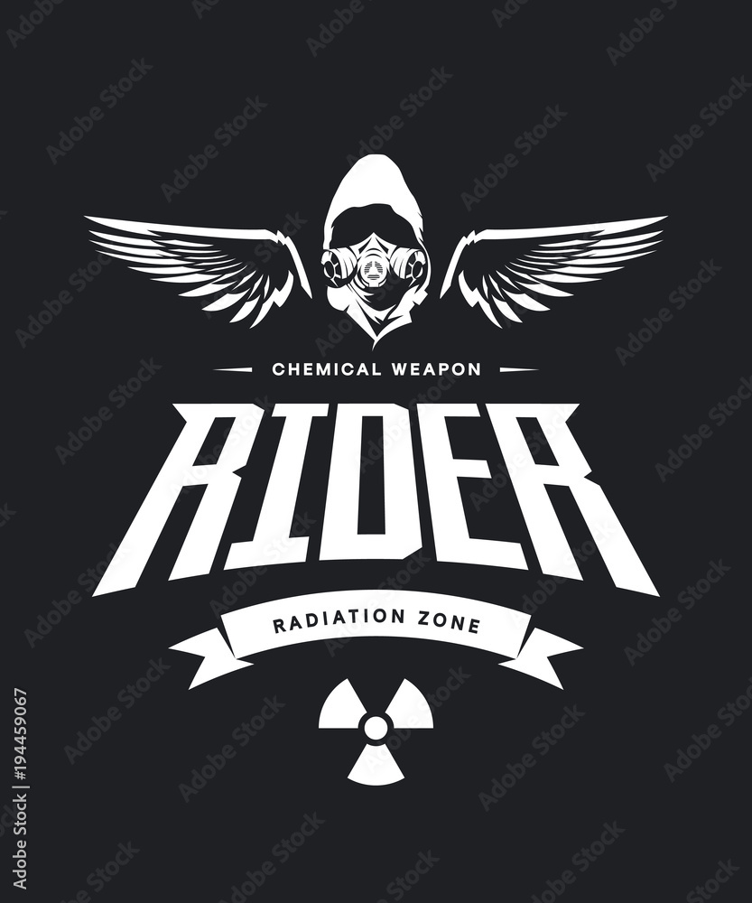 Vintage toxic rider in gas mask vector logo isolated on dark background ...