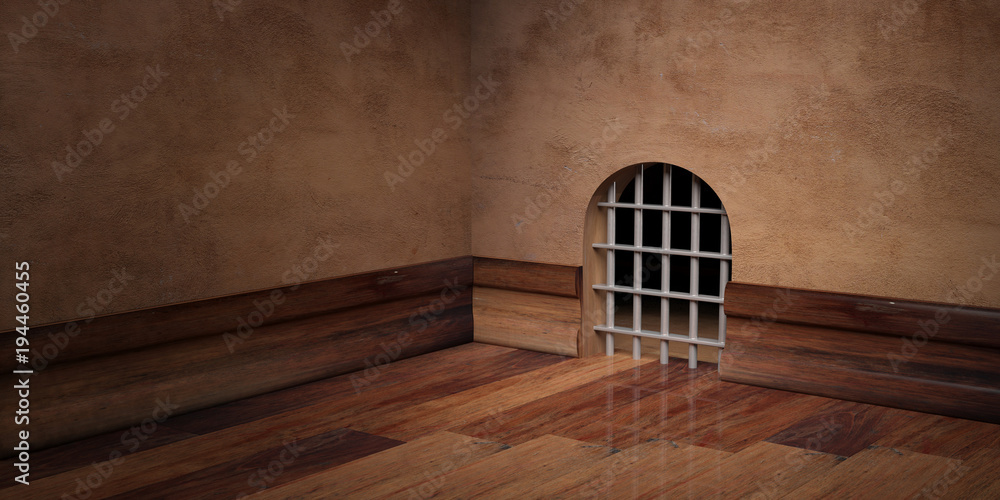 Mouse hole prison with steel bars, empty room, copy space. 3d ...