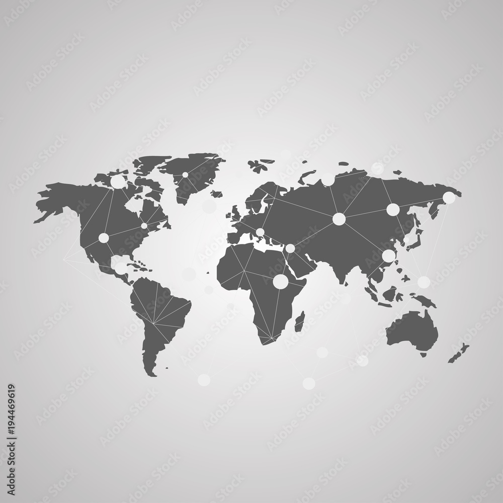 Detailed vector World map of gray colors. Names, town marks and ...