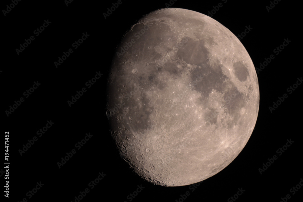 Moon just before full phase showing craters and maria. Stock Photo ...